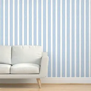 Spoonflower Stripe French And White Ticking Rugby Custom Pre-pasted Wallpaper - Blue