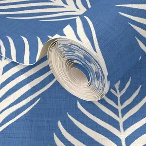 Spoonflower Palm Frond In Cornflower 100% Natural Sisal Grasscloth Wallcovering - Blue