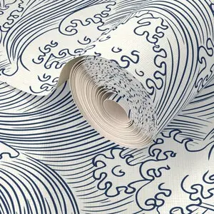 Spoonflower Japanese Waves Small Scale 100% Natural Sisal Grasscloth Wallcovering - White