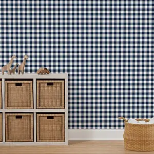 Spoonflower Navy White Gingham Check Blue Buffalo Plaid Traditional Wallpaper