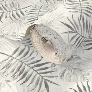 Spoonflower Palms In Silvers 100% Natural Sisal Grasscloth Wallcovering - Silver,gray,white