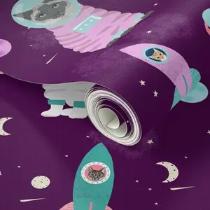 Spoonflower Space Cats Cat Cute Kittens Kitty Purple Pet Custom Removable Wallpaper - Purple,pink,blue