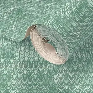 Spoonflower Japanese Ocean Waves In Jade Block Pattern 100% Natural Sisal Grasscloth Wallcovering - Green