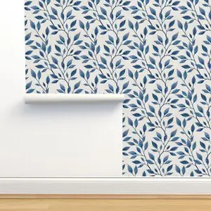 Spoonflower Magic Leaves Pattern 100% Natural Sisal Grasscloth Wallcovering - Blue,white,gray