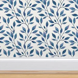 Spoonflower Magic Leaves Pattern 100% Natural Sisal Grasscloth Wallcovering - Blue,white,gray
