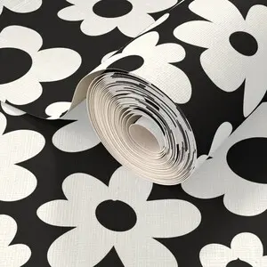 Spoonflower Jumbo Black And White Boho Retro Floral Florals 100% Natural Sisal Grasscloth Wallcovering - Black,white