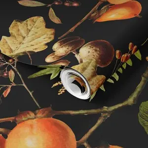 Spoonflower Vintage Black Autumn Fall Leaves Colors Botanicals Traditional Wallpaper - Brown,black,green