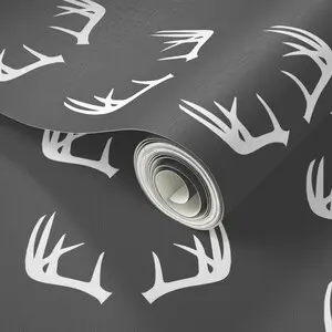 Spoonflower Antlers Charcoal Woodland Collection Gray Deer Custom Pre-pasted Wallpaper - Black,white,gray