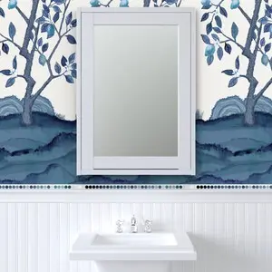 Spoonflower Bird Blue Tree Navy Landscape Custom Pre-pasted Wallpaper - Blue,gray