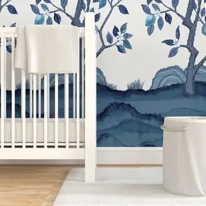 Spoonflower Bird Blue Tree Navy Landscape Custom Pre-pasted Wallpaper - Blue,gray