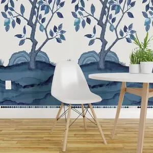 Spoonflower Bird Blue Tree Navy Landscape Custom Pre-pasted Wallpaper - Blue,gray