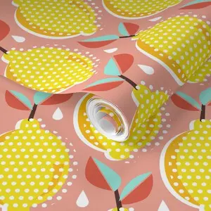 Spoonflower Lemon Fresh Blush Pop Art Summer Fruit Pink Custom Pre-pasted Wallpaper - Yellow,pink,orange