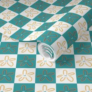 Spoonflower Flower White Teal Star Tan Beach Starfish Custom Pre-pasted Wallpaper - Green,gray,blue