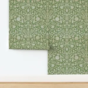 Spoonflower Spring Green Damask French Floral Custom Pre-pasted Wallpaper