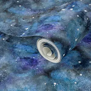 Spoonflower Stars Watercolor Space Galaxy Nebula Night Sky Custom Pre-pasted Wallpaper - Blue