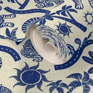 Spoonflower India Adventure Block Blue 100% Natural Sisal Grasscloth Wallcovering - Blue,white