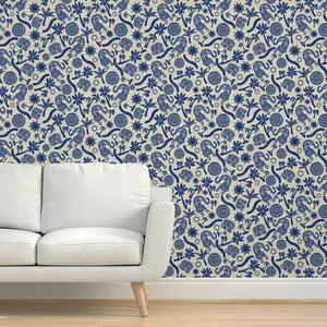 Spoonflower India Adventure Block Blue 100% Natural Sisal Grasscloth Wallcovering