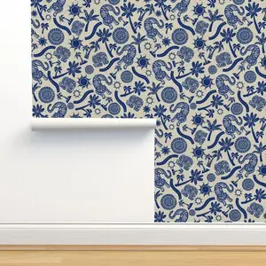 Spoonflower India Adventure Block Blue 100% Natural Sisal Grasscloth Wallcovering