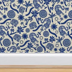 Spoonflower India Adventure Block Blue 100% Natural Sisal Grasscloth Wallcovering