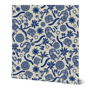 Spoonflower India Adventure Block Blue 100% Natural Sisal Grasscloth Wallcovering