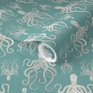 Spoonflower Sage Octopus Tentacles Sea Life Creature Aquatic Traditional Wallpaper - White,blue,green