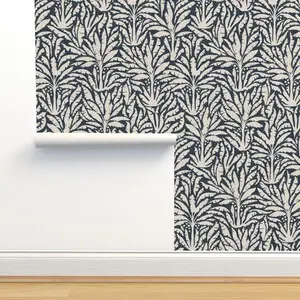 Spoonflower Palm Trees On Navy Blue Large 100% Natural Sisal Grasscloth Wallcovering - Blue,navy,ivory