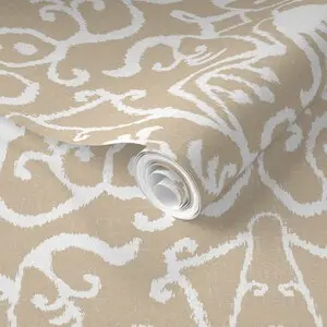 Spoonflower Floral Tan Damask Khaki Ikat Traditional Wallpaper - Beige,white,brown