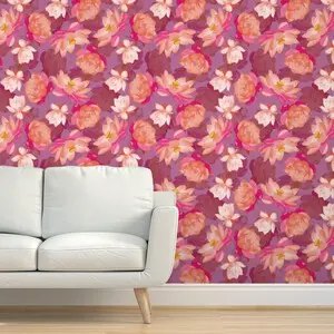 Spoonflower Pink Flower Floral Peach Lilac Lotus Custom Removable Wallpaper - Pink,brown,red
