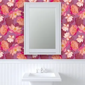 Spoonflower Pink Flower Floral Peach Lilac Lotus Custom Removable Wallpaper - Pink,brown,red
