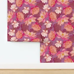 Spoonflower Pink Flower Floral Peach Lilac Lotus Custom Removable Wallpaper - Pink,brown,red