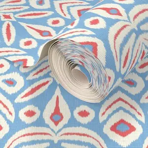 Spoonflower Cerulean And Cherry Bloom Ikat 100% Natural Sisal Grasscloth Wallcovering - Blue,red
