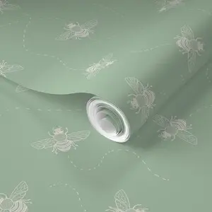 Spoonflower Bees Sage Green White Traditional Wallpaper - Green,beige