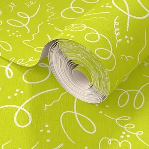 Spoonflower Chartreuse Scribbles 100% Natural Sisal Grasscloth Wallcovering - White,green