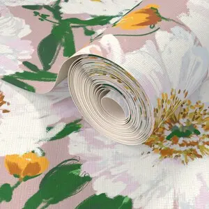 Spoonflower Peonies On Dusty 100% Natural Sisal Grasscloth Wallcovering - Pink