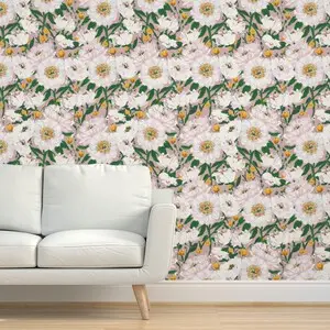 Spoonflower Peonies On Dusty 100% Natural Sisal Grasscloth Wallcovering