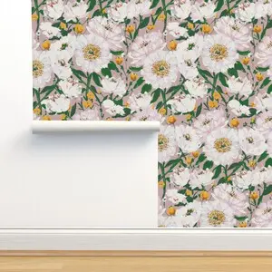 Spoonflower Peonies On Dusty 100% Natural Sisal Grasscloth Wallcovering
