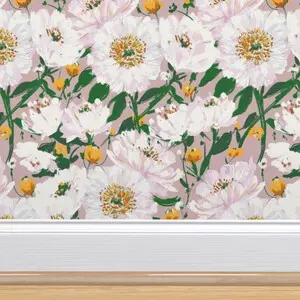 Spoonflower Peonies On Dusty 100% Natural Sisal Grasscloth Wallcovering