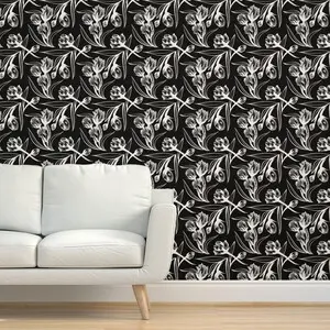 Spoonflower Inky Tulips On Black 100% Natural Sisal Grasscloth Wallcovering