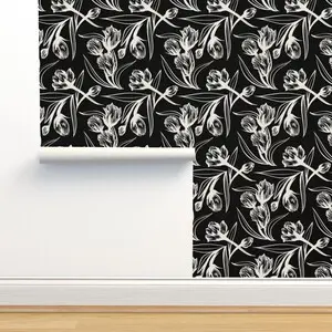 Spoonflower Inky Tulips On Black 100% Natural Sisal Grasscloth Wallcovering