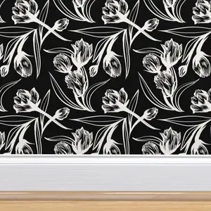 Spoonflower Inky Tulips On Black 100% Natural Sisal Grasscloth Wallcovering