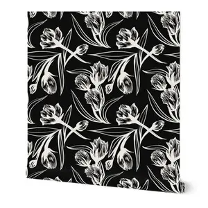 Spoonflower Inky Tulips On Black 100% Natural Sisal Grasscloth Wallcovering