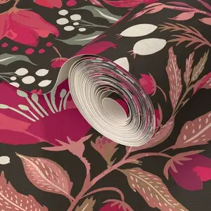 Spoonflower Hellebores Botanical Berries And Holly Red Pink 100% Natural Sisal Grasscloth Wallcovering Red