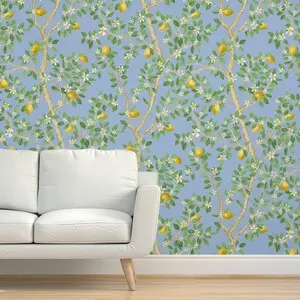Spoonflower Kelsey's Garden On Bluebird 100% Natural Sisal Grasscloth Wallcovering