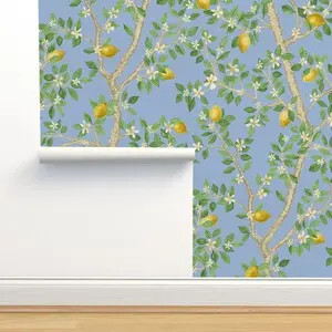 Spoonflower Kelsey's Garden On Bluebird 100% Natural Sisal Grasscloth Wallcovering