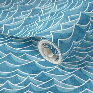 Spoonflower Waves Ocean Nautical Nursery Wave Custom Pre-pasted Wallpaper - Blue