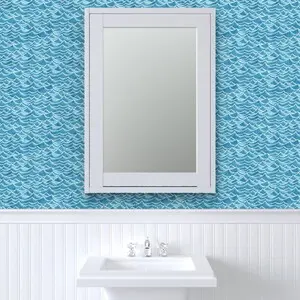 Spoonflower Waves Ocean Nautical Nursery Wave Custom Pre-pasted Wallpaper - Blue