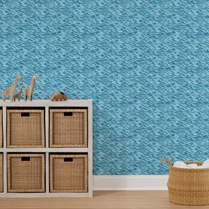 Spoonflower Waves Ocean Nautical Nursery Wave Custom Pre-pasted Wallpaper - Blue