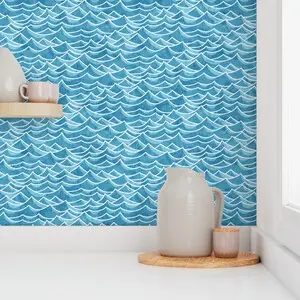 Spoonflower Waves Ocean Nautical Nursery Wave Custom Pre-pasted Wallpaper - Blue