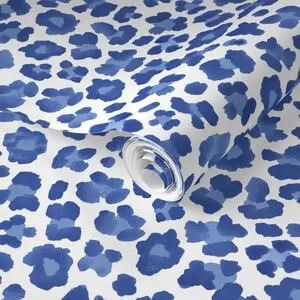 Spoonflower Blue White Leopard Print Leopards Tiger Animal Custom Pre-pasted Wallpaper - Blue,white