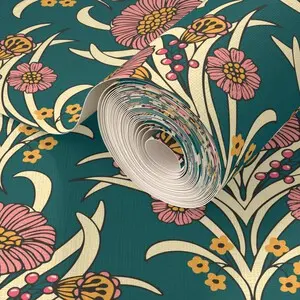 Spoonflower Peacock Folk Floral Large Teal 100% Natural Sisal Grasscloth Wallcovering - Teal,blue